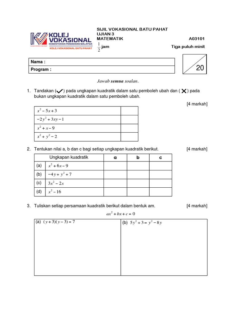 Ujian Persamaan Kuadratik KV | PDF