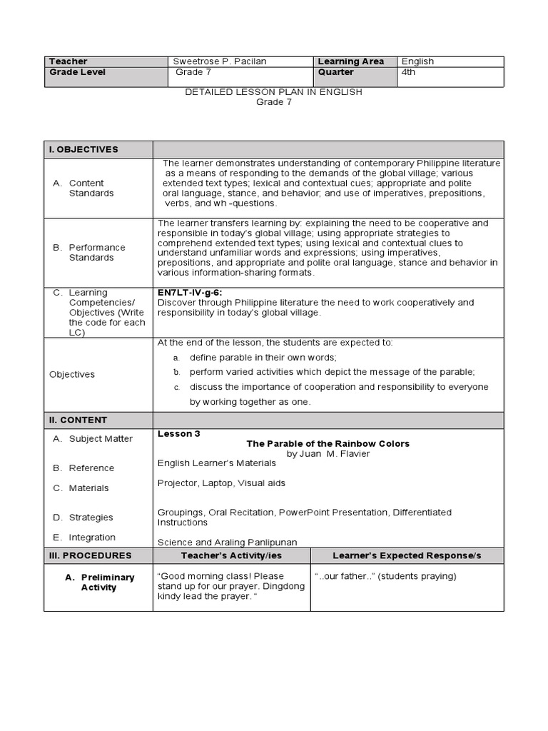 DLP Grade 7 Pacilan | PDF | Color | Rainbow