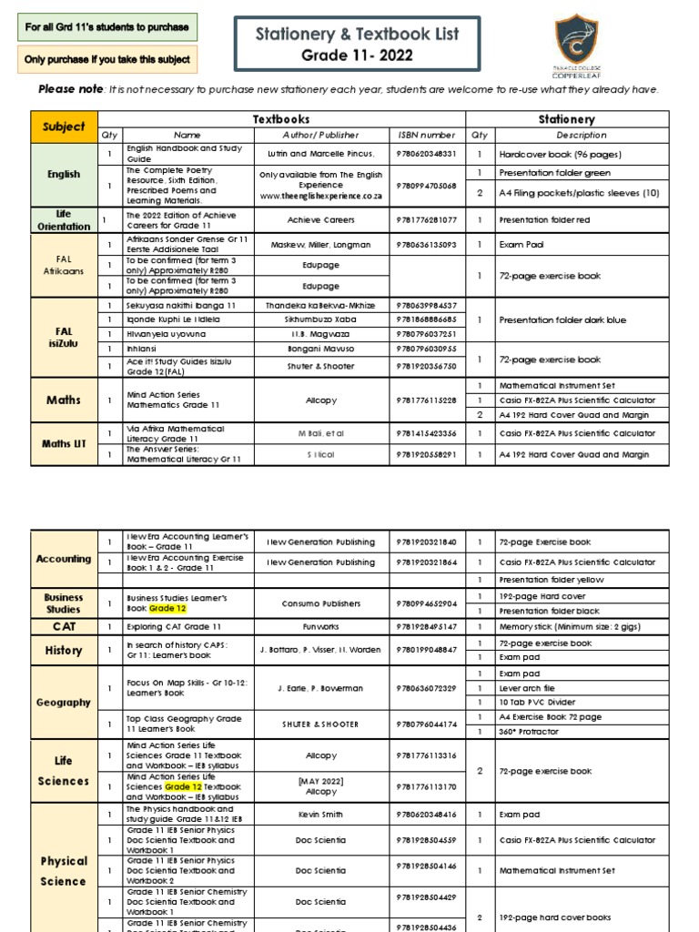 Textbook and Stationery List - Grade 11 - 2022 | PDF