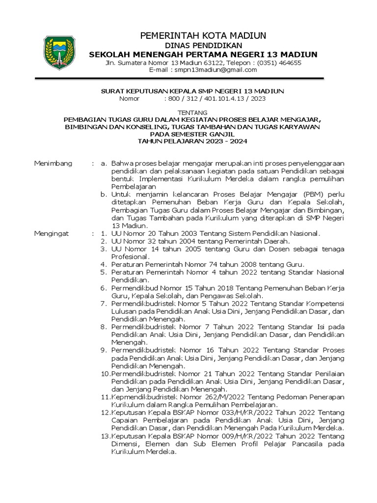 SK Pembagian Jam Mengajar Tahun 2023-2024 | PDF