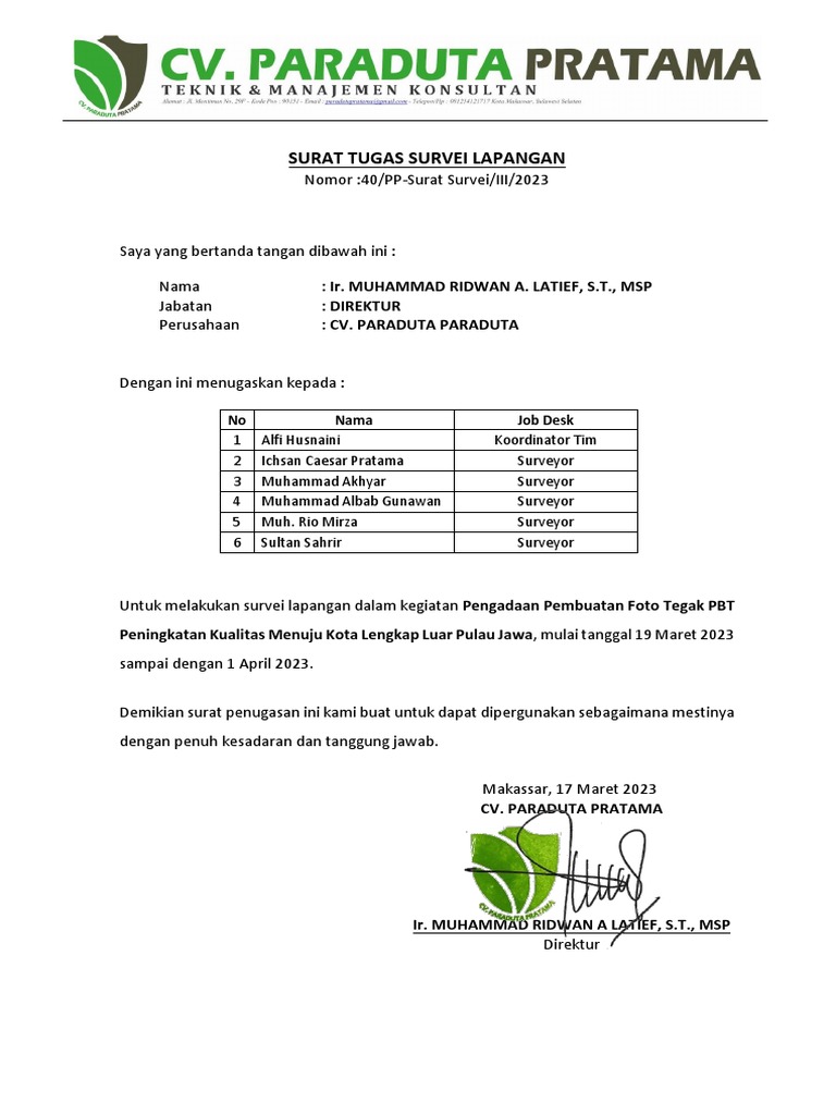 Surat Tugas Survei Lapangan CV. Paraduta | PDF