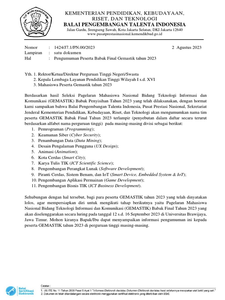 Pengumuman Finalis Gemastik 2023 | PDF