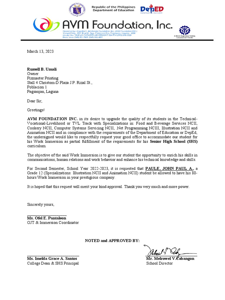 Work Immersion Request for Student | PDF