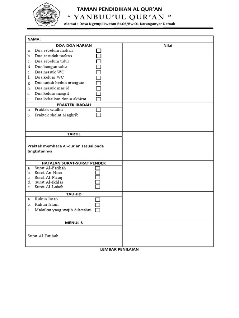 Penilaian TPQ Imtaz | PDF