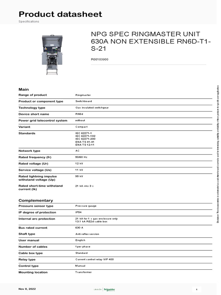 RN2D Ring Main Unit Specifications | PDF | Transformer | Power (Physics)