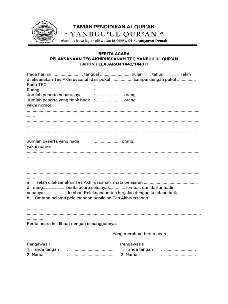 Beritan Acara Tes Akhirussanah | PDF