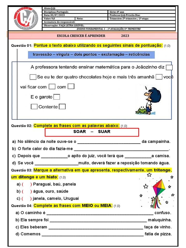 PROVAS de PORTUGUÊS 4º ANO 03 de Julho 2º TRIMESTRE 2023 | PDF