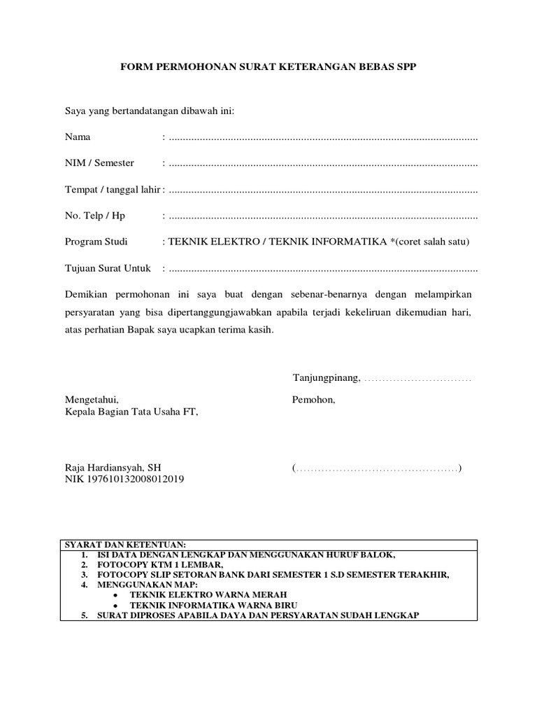 Form Permohonan Surat Keterangan Bebas SPP | PDF