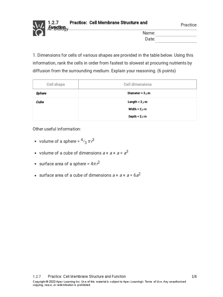 1.2.7 Practice - Cell Membrane Structure and Function (Practice) | PDF