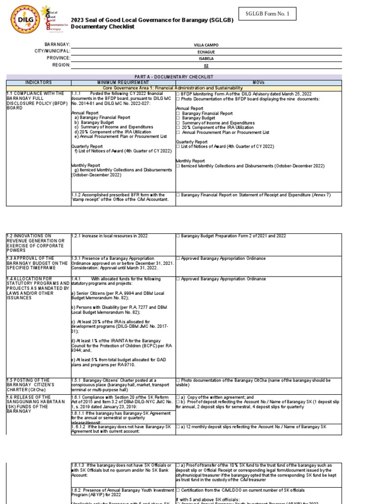 Final 2023 SGLGB Form 1 Documentary Checklist2 | PDF | Emergency ...