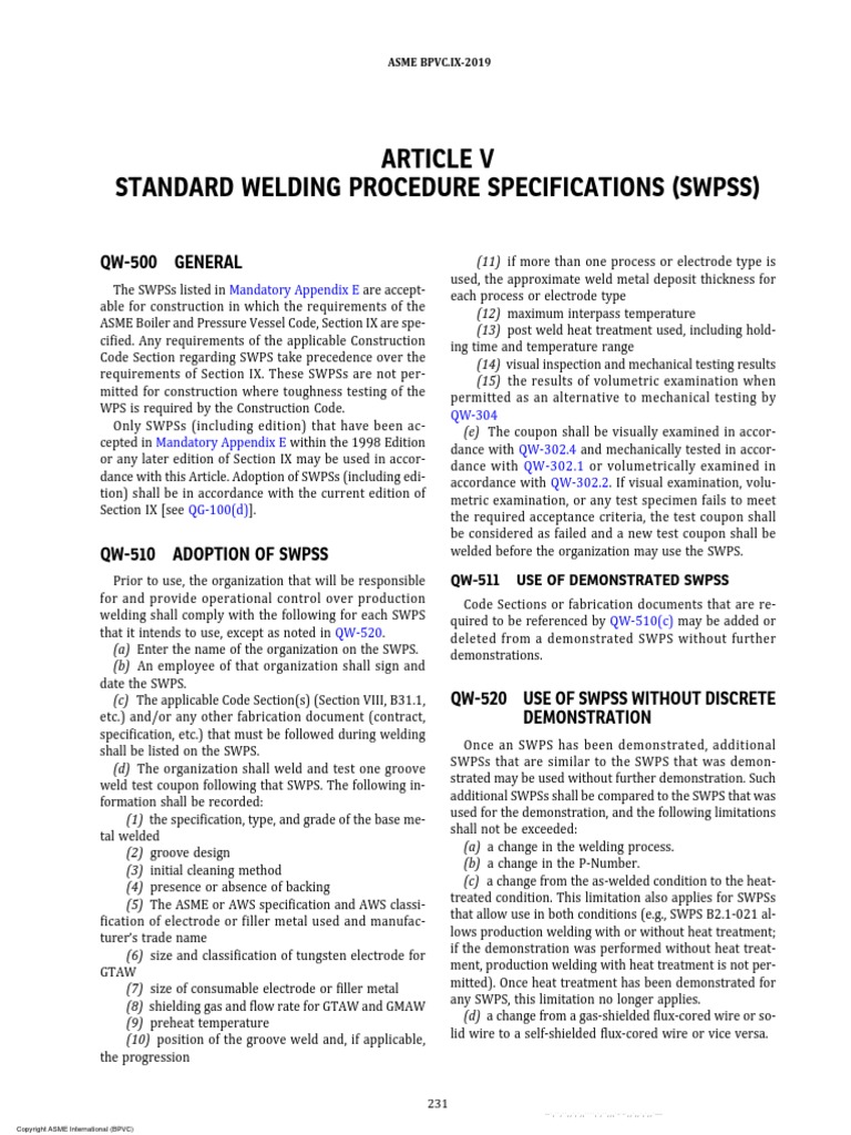 (QW-500) Standard WPS - ASME BPVC-IX (2019) | PDF