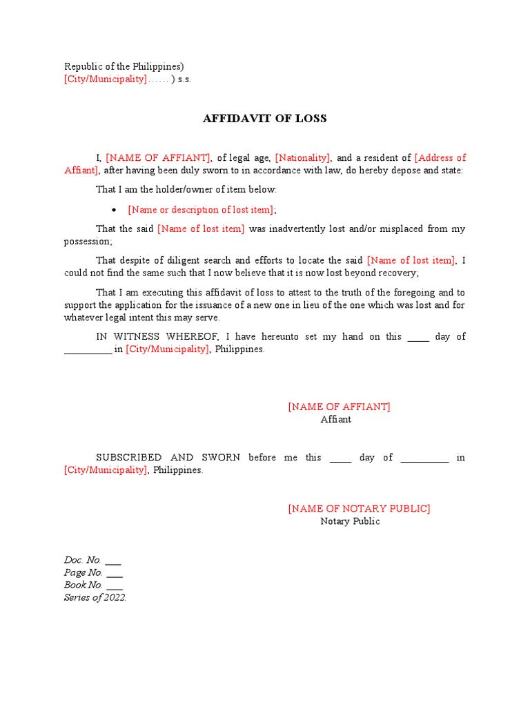 Affidavit of Loss Template Philippines | PDF
