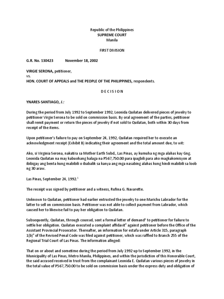Estafa Case: Virgie Serona vs. Quilatan | PDF | Criminal Justice ...