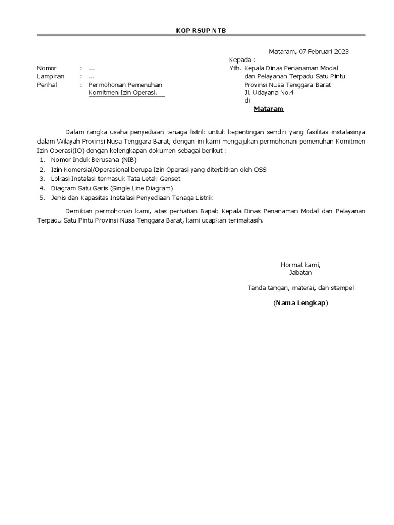 Surat Permohonan Izin Operasi (JOSS) RSUP PROV NTB | PDF