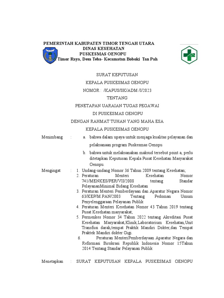 EP 1.3.2.1 SK Tentang Penetapan Uraian Tugas Pegawai | PDF | Sains & Matematika
