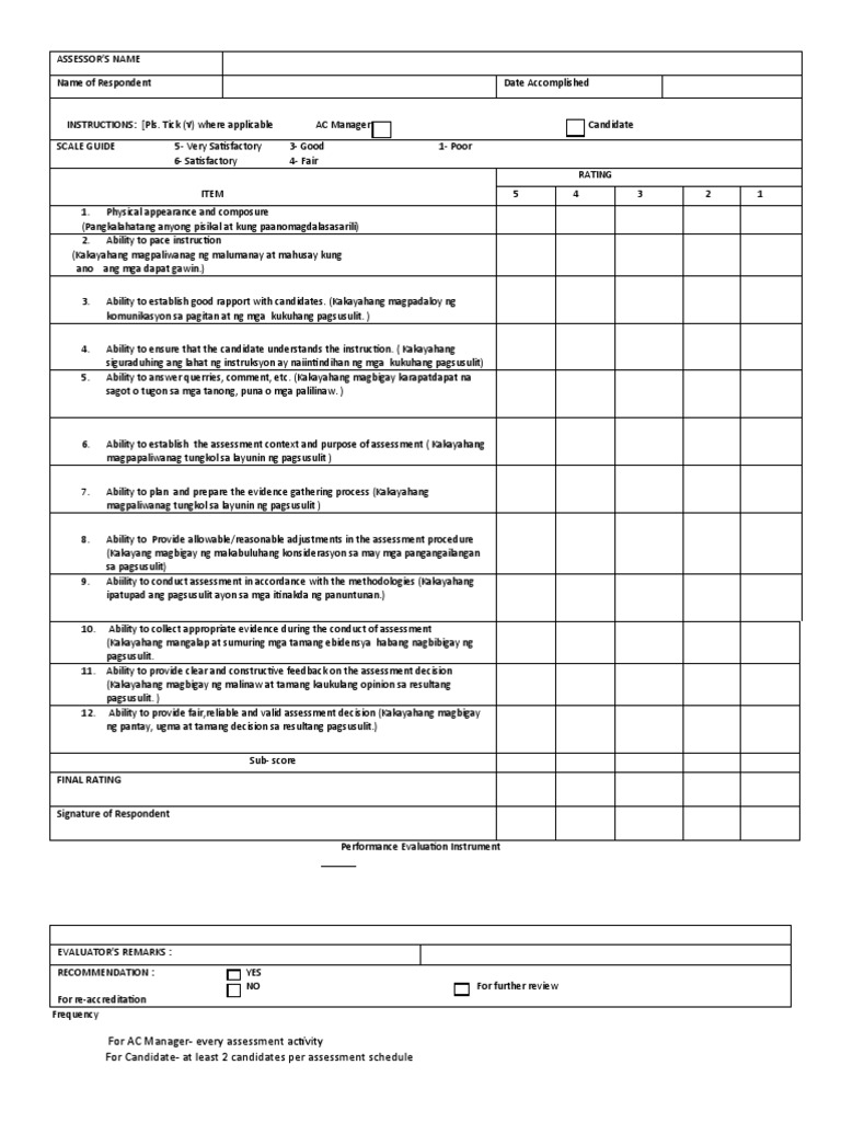 Performance Evaluation Instrument | PDF