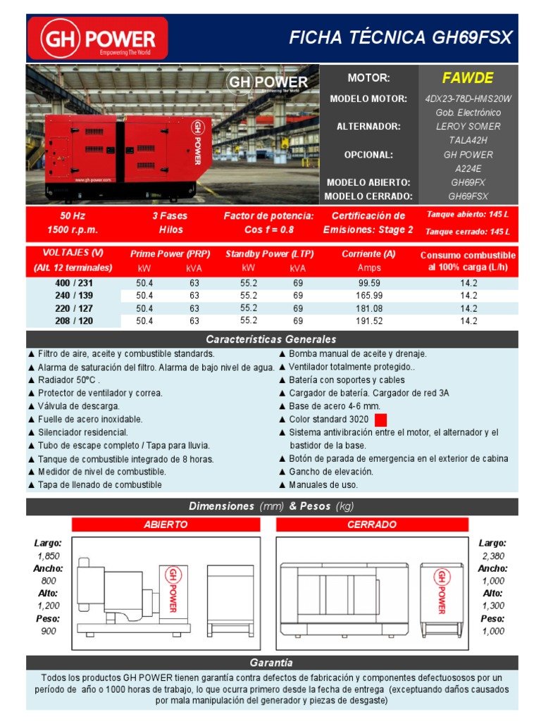 Ficha Técnica GH POWER GH69FSX, 69 kVA LTP, FAWDE | PDF