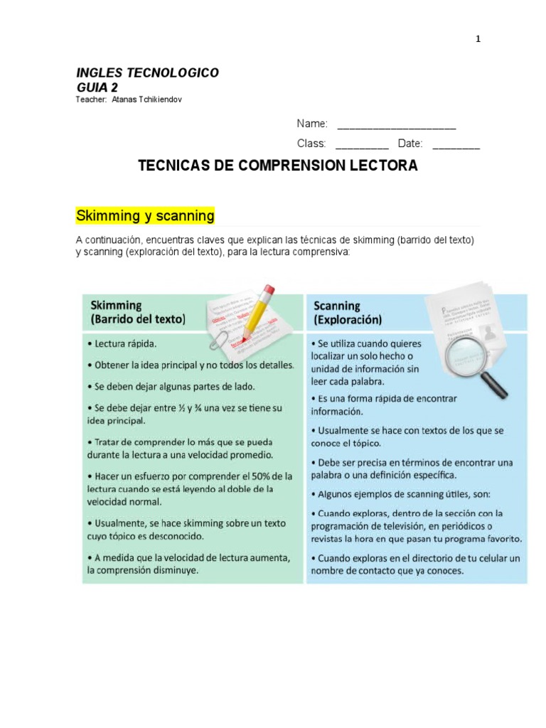 Inglés Tecnológico GUIA 02 TECNICAS DE COMPRENSION LECTORA | PDF ...