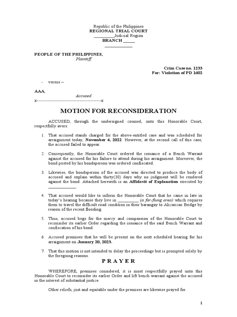 Sample Motion For Reconsideration (Bench Warrant) | PDF