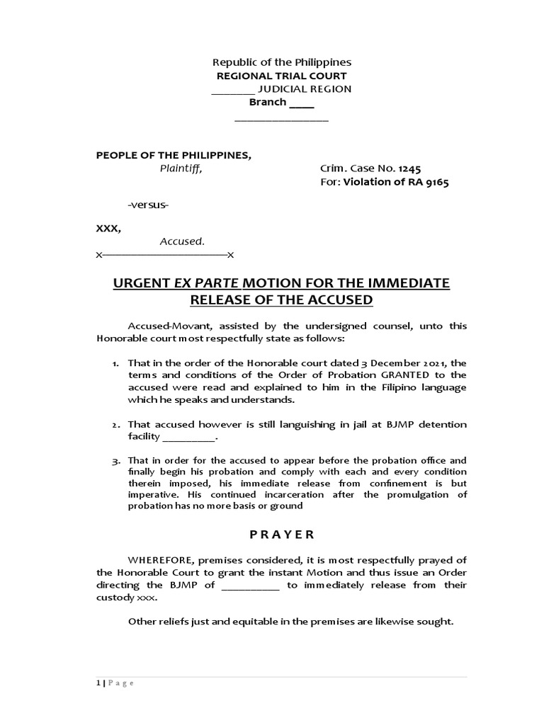 Sample Motion To Release Accused | PDF | Home & Garden