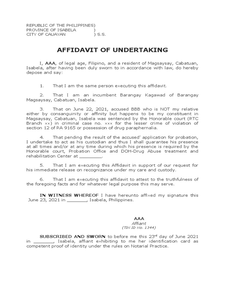 Affidavit of Undertaking - Release On Recognizance | PDF