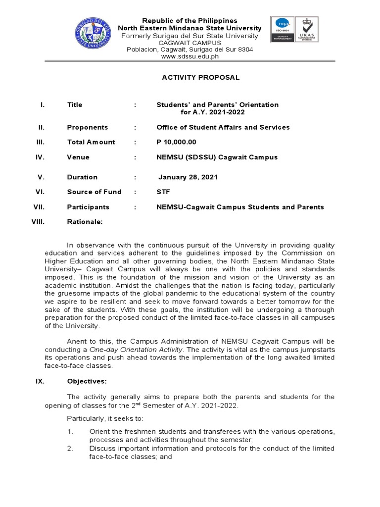 Student Anf Parent's Orientation (Proposal) | PDF
