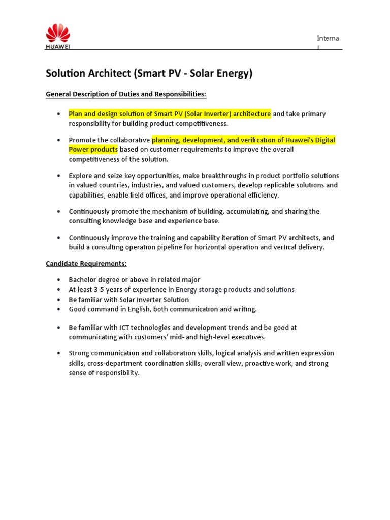 Solution Architect (Smart PV) Job Description | PDF