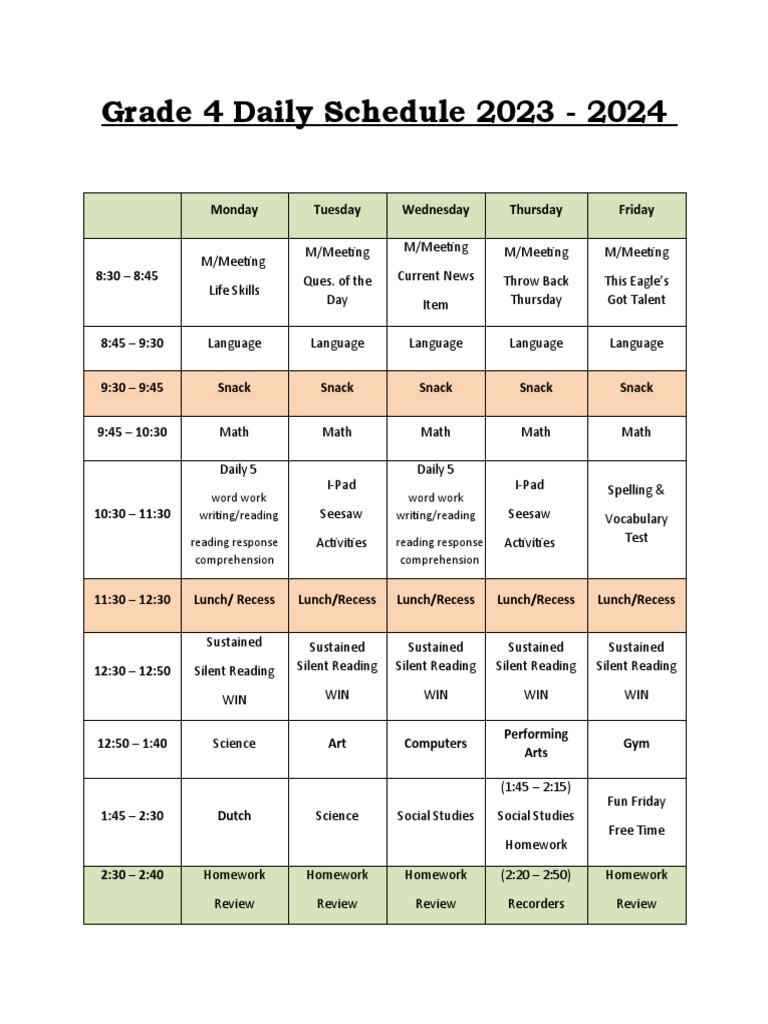 Grade 4 English Daily Schedule 2023-24 | PDF | Applied Linguistics ...