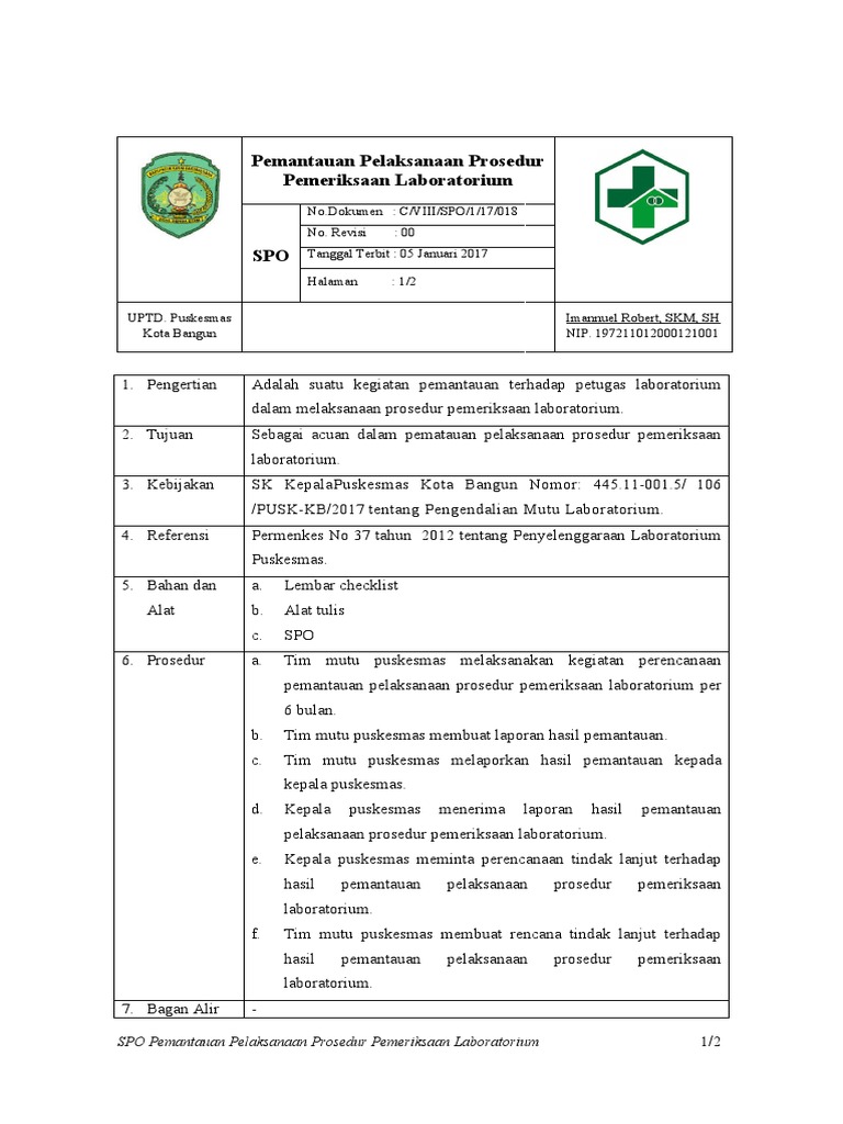 SPO Pemantauan Pelaksanaan Prosedur Lab | PDF