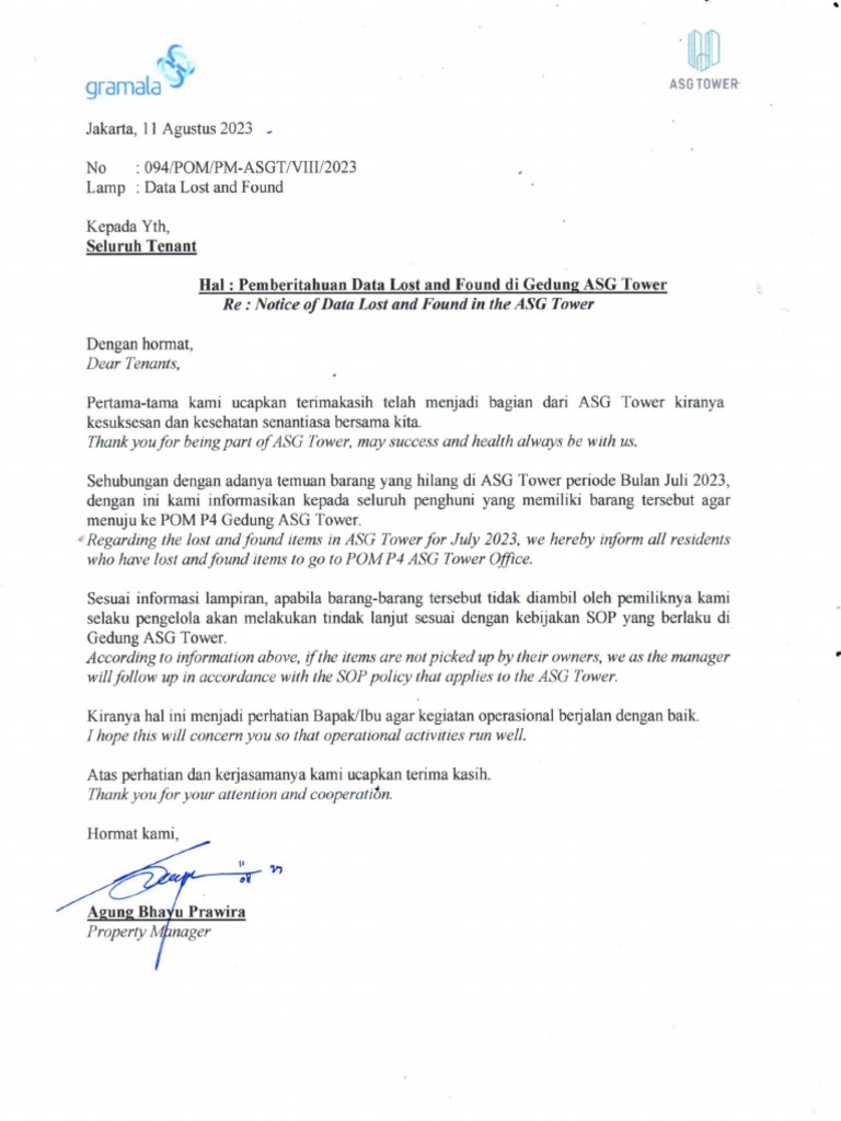 Surat No 094 Perihal Pemberitahuan Data Lost and Found Di Gedung ASG ...