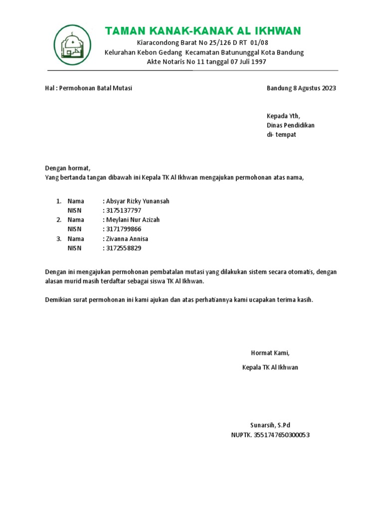 Contoh Surat Permohonan Mutasi Siswa Dari Orang Tua | PDF