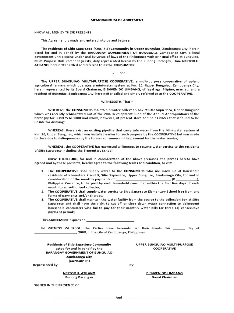 MEMORANDUM OF AGREEMENT (Mini-water system) | PDF | Economies