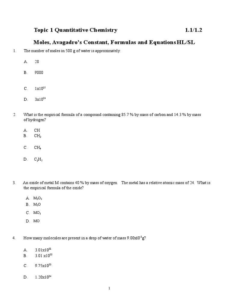Topic 1 Quantitative Chemistry PDF Gases Oxide