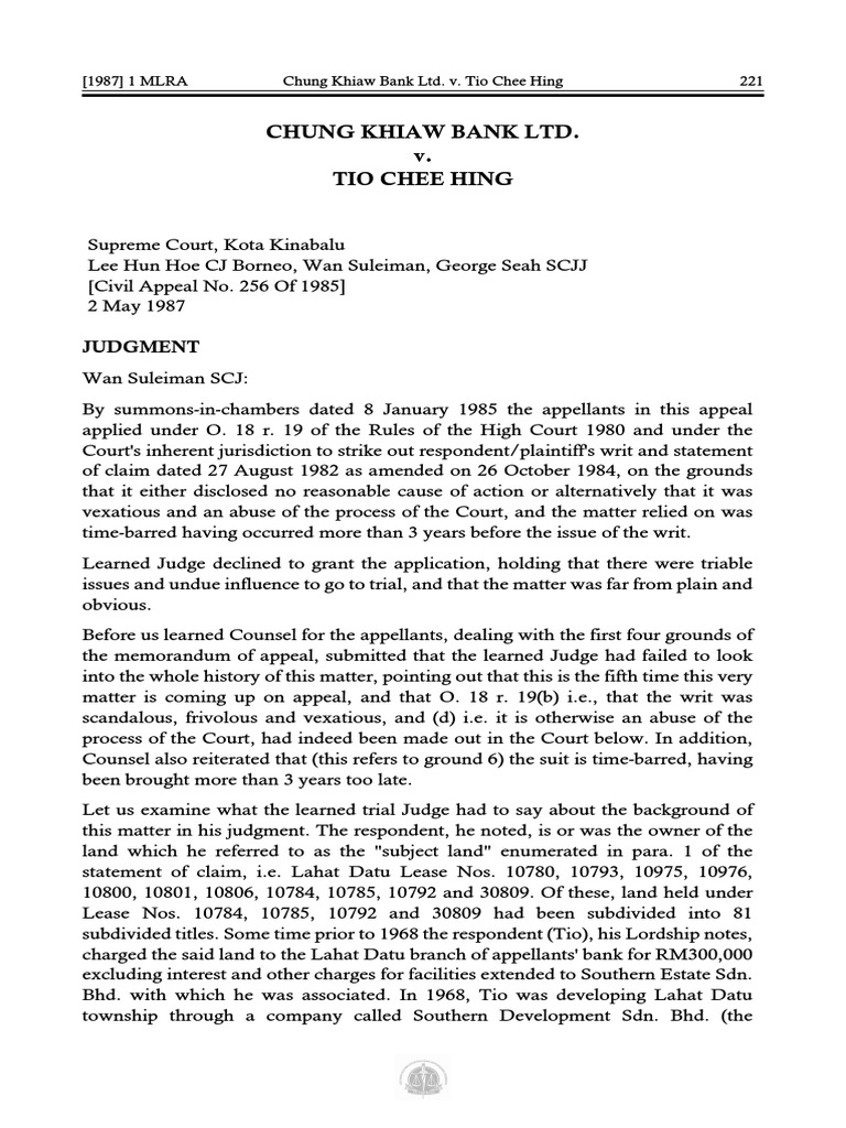 Chung Khiaw Bank Ltd. V Tio Chee Hing | PDF
