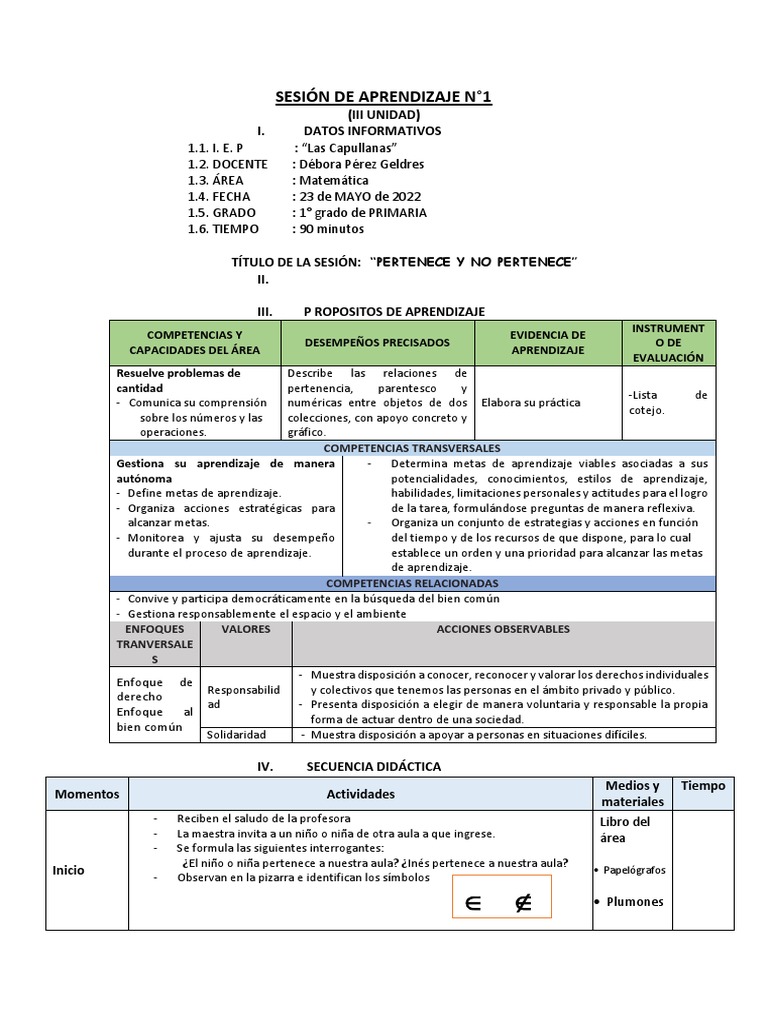 SESIÓN DE APRENDIZAJE N PERTENECE O NO PERTENECE | PDF