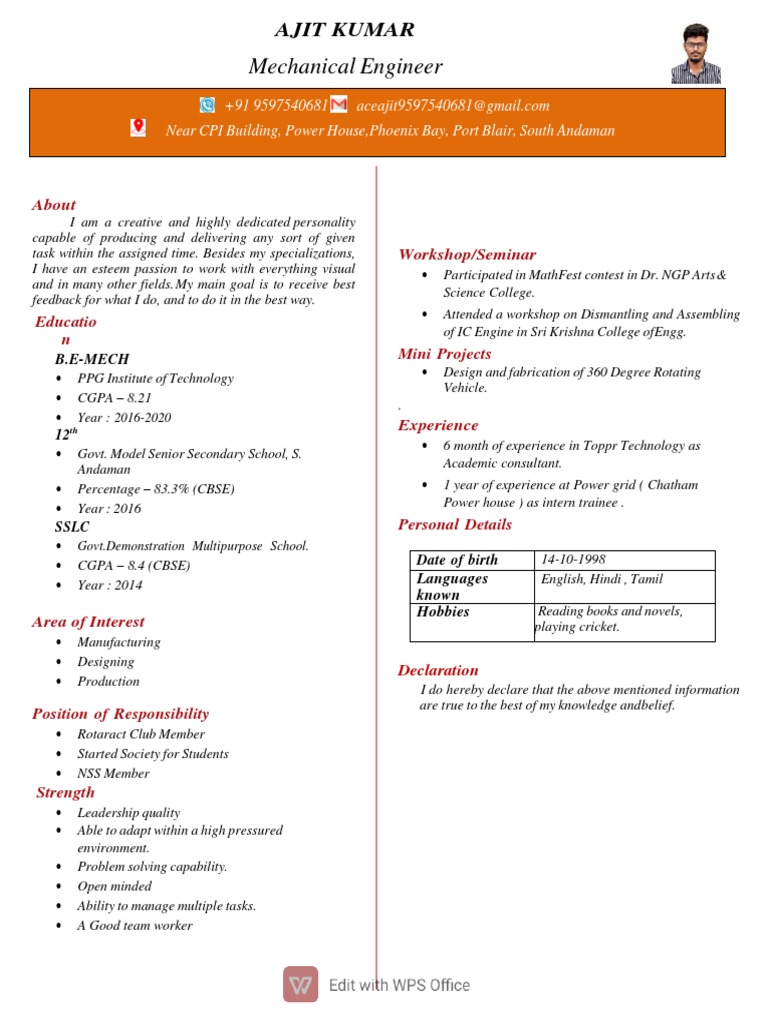 Ajit Kumar: Mechanical Engineer Profile | PDF | Business | Art