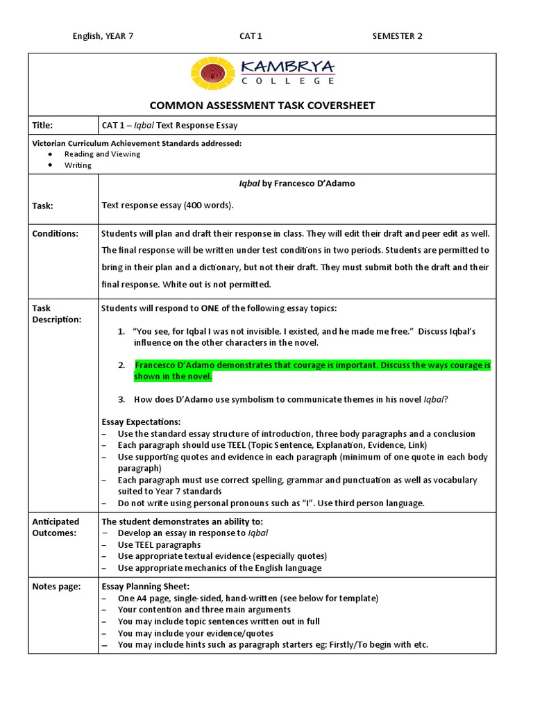 Yr 7 English Term 3 Iqbal Text Response CAT | PDF
