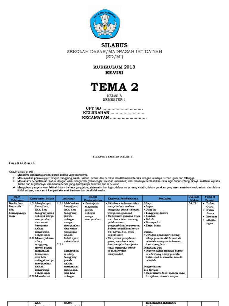 Silabus K13 Kelas 5 Tema 2 | PDF