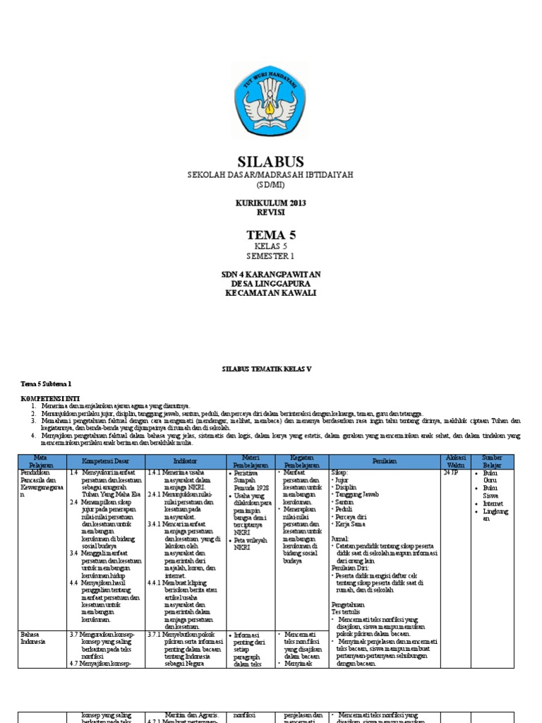 Silabus K13 Kelas 5 Tema 5 | PDF