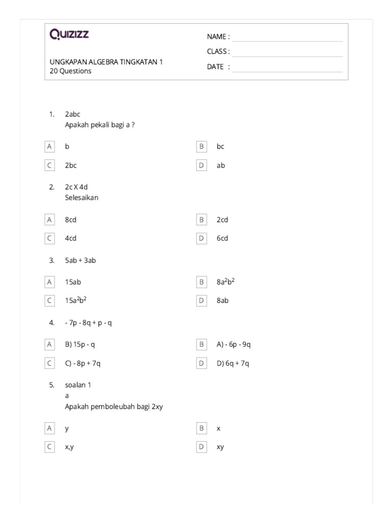 Ungkapan Algebra Tingkatan 1 | PDF