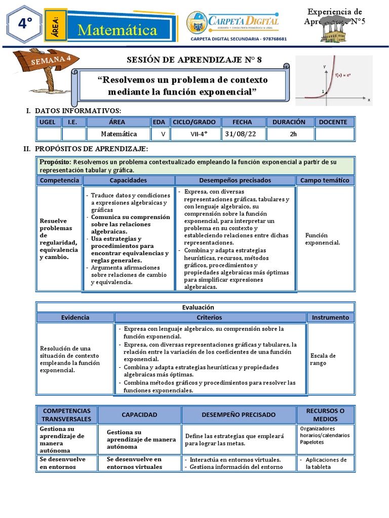 4° Sesión de Aprendizaje Sesión8-Sem.4-Exp.5-Mate | PDF | Aprendizaje | Funcion exponencial