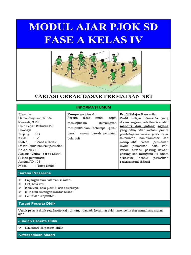 02 Modul Ajar PJOK Kelas 4 - Variasi Gerak Dasar Permainan Net (BOLA VOLI) | PDF