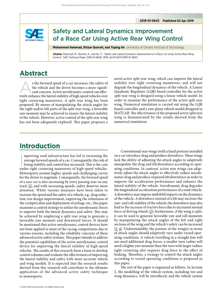 Safety and Lateral Dynamics Improvement of A Race Car Using Active Rear ...