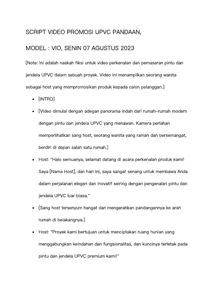 Script Video Promosi Upvc Pandaan | PDF