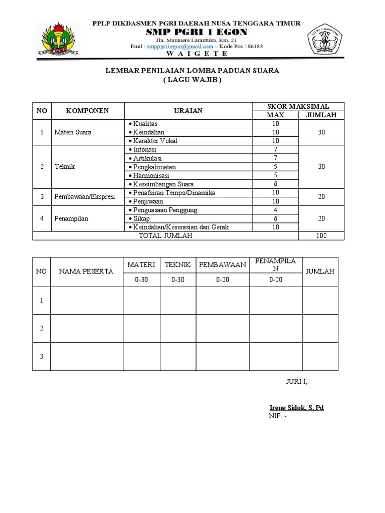 Lembar Penilaian Lomba Paduan Suara Spegon 2022 | PDF Lembar Penilaian Lomba Paduan Suara Spegon 2022 | PDF