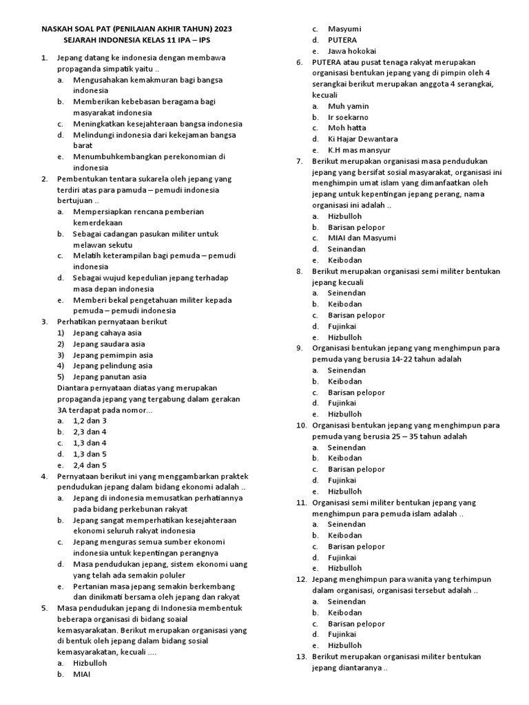 Naskah Soal Pat Kelas 11 | PDF