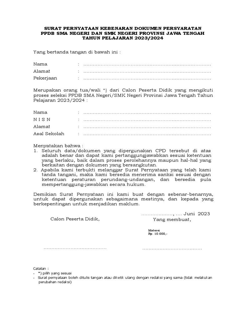Surat Pernyataan Kebenaran Dokumen PPDB 2023 | PDF