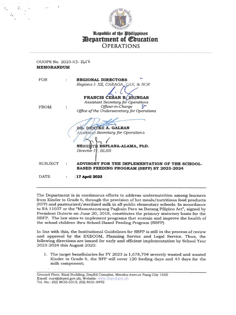 Advisory For Implementation of SBFP 2023 | PDF