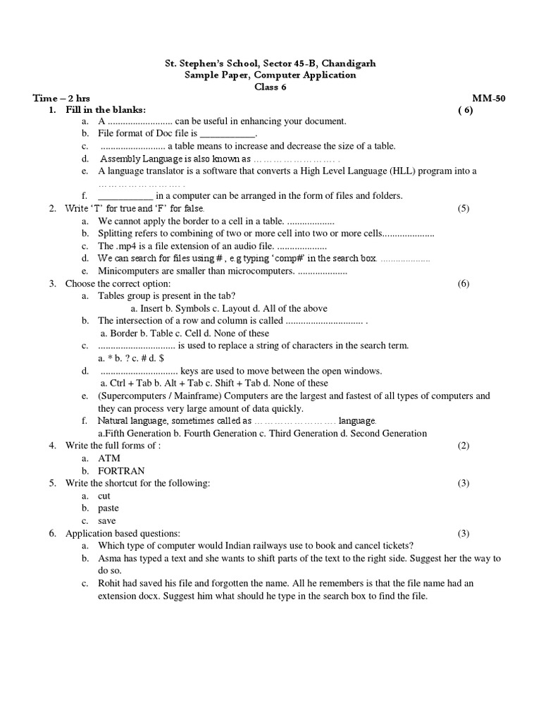 Class 6 Sample Paper ICSE Computer Applications | PDF | Teaching Methods & Materials | Computers