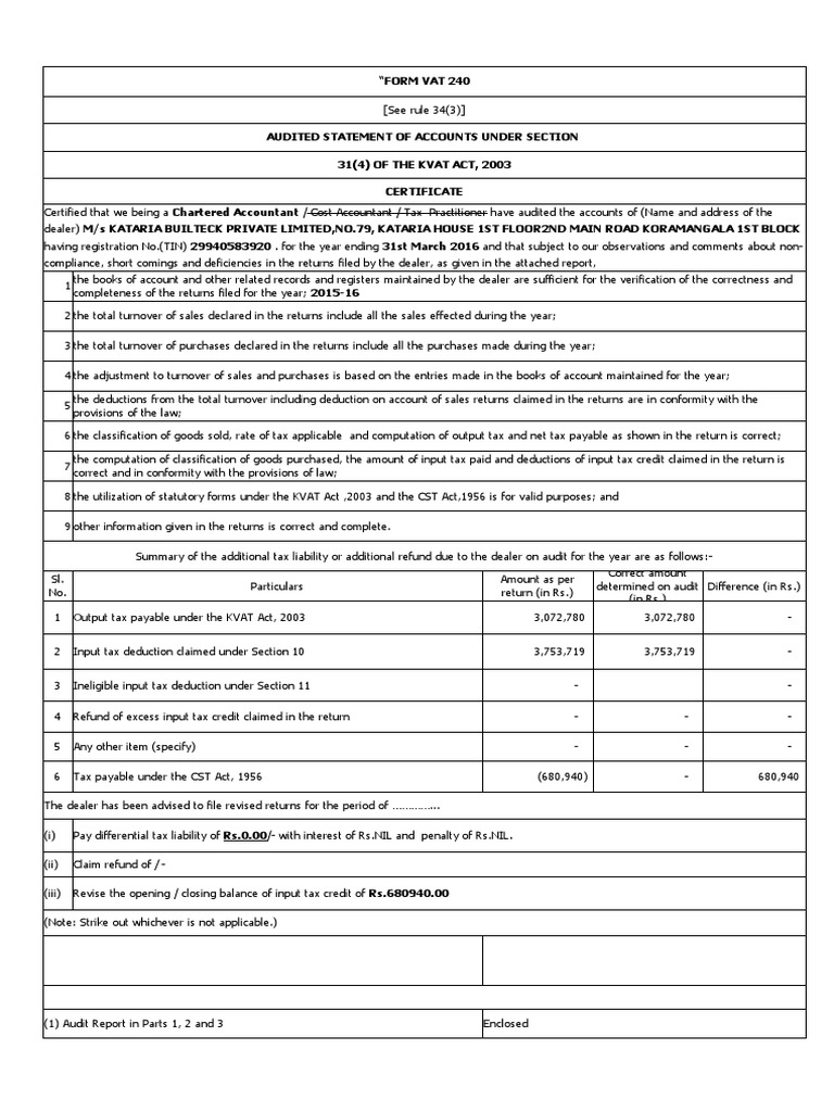 VAT 240 Audit Report for 2015-16 | PDF